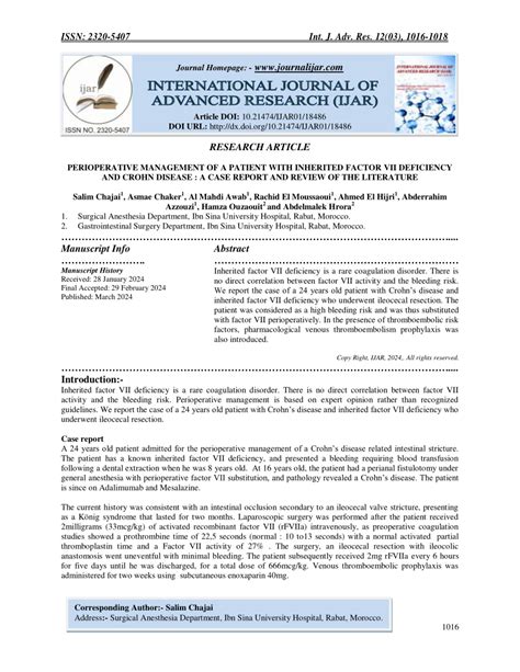 Pdf Perioperative Management Of A Patient With Inherited Factor Vii Deficiency And Crohn