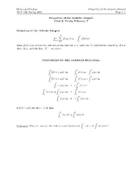 Properties Of The Definite Integral Worksheet For Higher Ed Lesson Planet