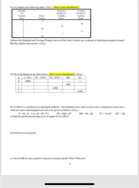 Solved A Complete The Following Table P Show Your Chegg Com