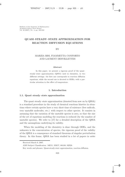 Pdf Quasi Steady State Approximation For Reaction Diffusion Equations