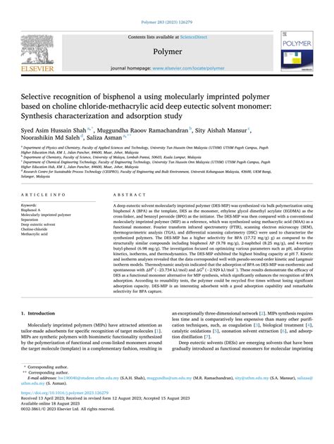 Pdf Selective Recognition Of Bisphenol A Using Molecularly Imprinted Polymer Based On Choline