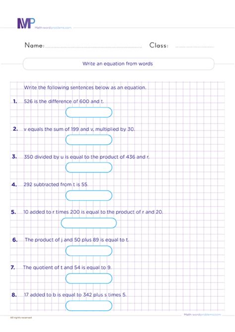 One Variable Equations Worksheets Grade 6