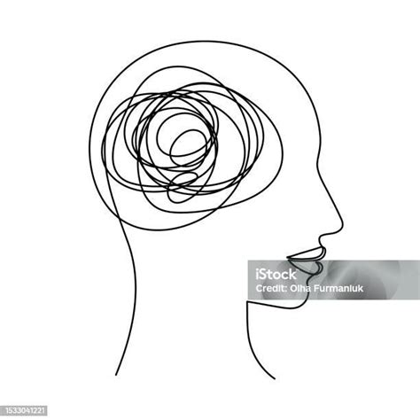 혼란스러운 생각으로 머리 하나의 라인 아트 손으로 그린 연속 윤곽 정신 건강 개념 혼란스러운 감정 걱정과 불안 온라인 뇌 치료 편집 가능한 획 벡터에 대한 스톡 벡터 아트