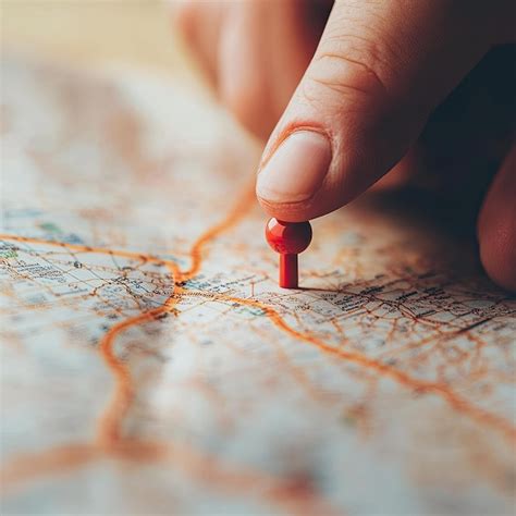 A Closeup Image Of A Persons Hand Placing A Location Marker Pin On A Digital Map Premium Ai