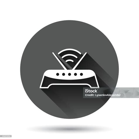 플랫 스타일의 와이파이 라우터 아이콘 긴 그림자 효과가있는 검은 색 둥근 배경에 광대역 벡터 그림 인터넷 연결 원 버튼 비즈니스