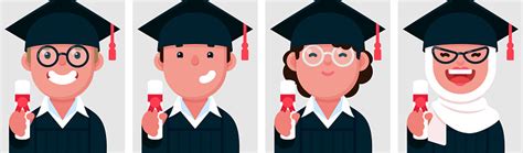 대학원생의 평면 초상화 세트 컬러 만화 캐릭터 젊은 여자와 대학에서 남자 프로필 사진 벡터 일러스트 레이 션의 모음 감정에 대한 스톡 벡터 아트 및 기타 이미지 Istock