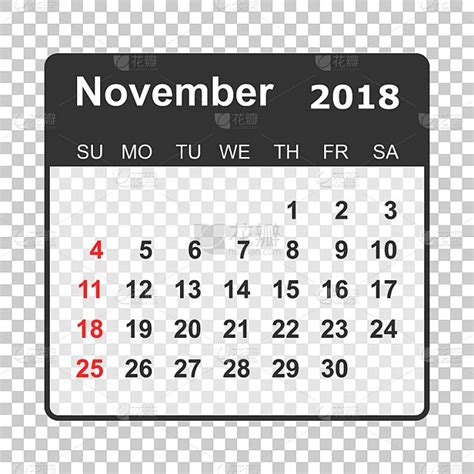 2018年11月日历。日历计划设计模板。一周从周日开始。业务矢量插图。素材 花瓣网