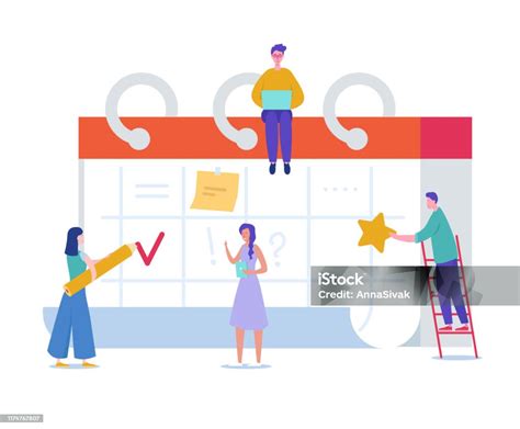 일정에 따라 작업하는 비즈니스 사람들 책상 달력에 작업 프로젝트를 계획 하는 작은 문자입니다 미리 알림 시간 표 개념 남자와 여자가 함께 일합니다 벡터 일러스트레이션 개념에