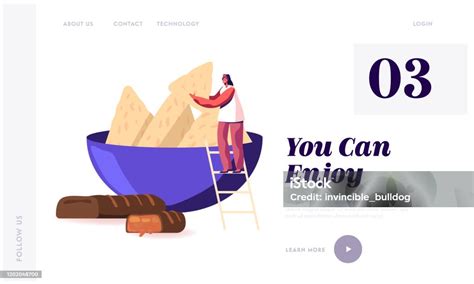 간식과 패스트 푸드 건강에 해로운 영양 웹 사이트 방문 페이지를 먹는 사람들 거대한 접시에서 쿠키를 복용 작은 여자 웹 페이지 배너 아래에 누워 초콜릿 바 만화 플랫 벡터