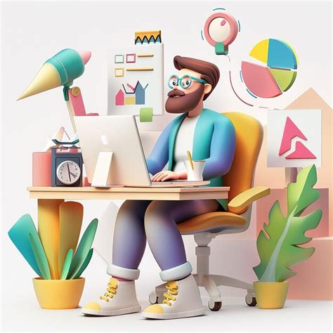 premium photo a man sits at a desk with a laptop and a picture of a