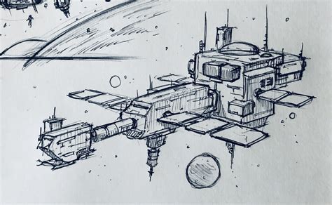 an artistic drawing of a space station