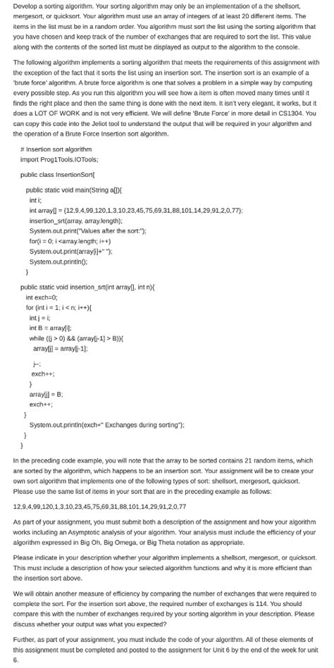 Solved Develop A Sorting Algorithm Your Sorting Algorithm Chegg Com