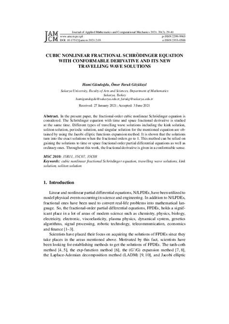 Pdf Cubic Nonlinear Fractional Schrödinger Equation With Conformable Derivative And Its New
