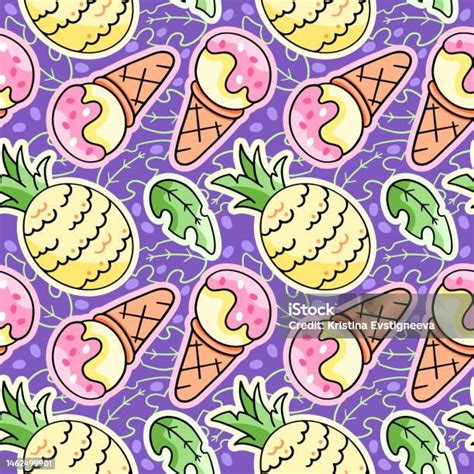 아이스크림과 파인애플 여름과 상쾌한 패턴 낙서 스타일의 벡터 원활한 패턴 손으로 그린 공휴일에 대한 스톡 벡터 아트 및 기타 이미지 공휴일 과일 귀여운 Istock