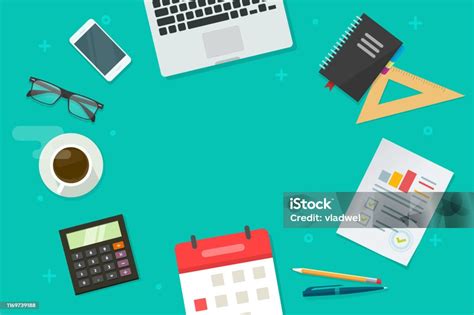 비즈니스 작업장 데스크톱 벡터 일러스트레이션 감사 분석 또는 연구 자료가 있는 플랫 만화 작업 데스크 및 텍스트 재무 업무 공간 또는 통계 사무실 테이블 탑 뷰 이미지용