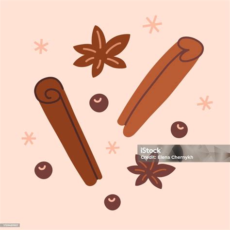 계피 스틱 손으로 그린 구성 스타 아니스와 고수풀의 낙서 아이콘 뒷면 향신료의 벡터 그림 달콤한 음식을 조미료 가지 식물 부위에 대한 스톡 벡터 아트 및 기타 이미지