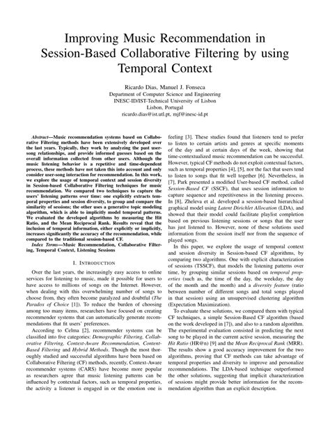 Pdf Improving Music Recommendation In Session Based Collaborative Filtering By Using Temporal