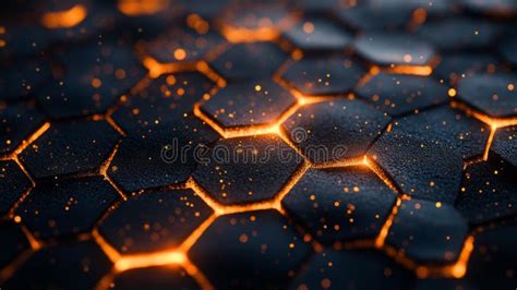 Abstract Black Hexagonal Pattern With Glowing Orange Lines And 3d