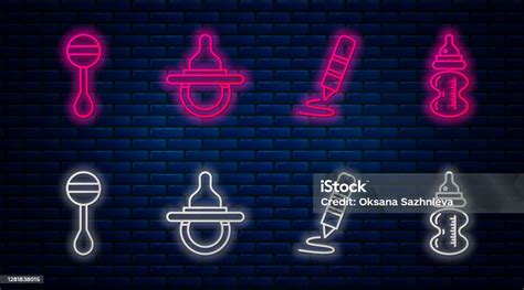 세트 라인 아기 더미 젖꼭지 그림 왁스 크레용 딸랑이 아기 장난감과 아기 병 벽돌 벽에 빛나는 네온 아이콘 벡터 건강한 생활방식에 대한 스톡 벡터 아트 및 기타 이미지