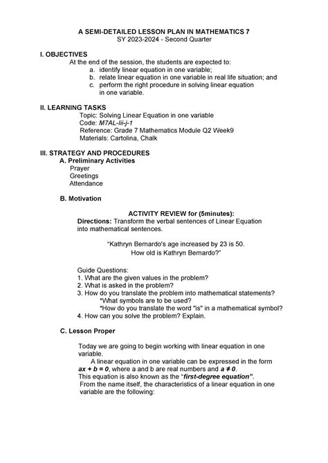 Solving Linear Equation In One Variable A Semi Detailed Lesson Plan In Mathematics 7 Sy 2023