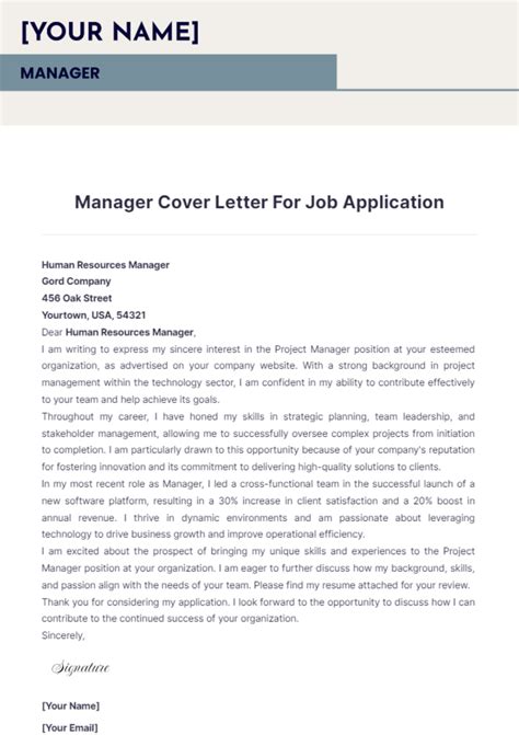 Free Manager Cover Letter For Job Application Template To Edit Online