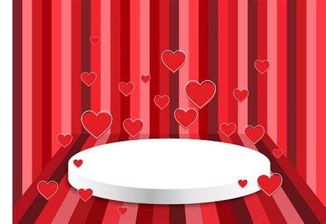 행복한 발렌타인 데이 개념입니다 하트 모양이 날아가고 줄무늬 빨간색 배경에 기하학 모양 연단이 있는 배경 3차원 형태에 대한 스톡 벡터 아트 및 기타 이미지 Istock