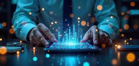 Person Using Tablet Analyzing Digital Data Charts Graphs Network Lines Glowing Blue