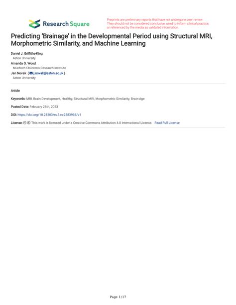 Pdf Predicting ‘brainage In The Developmental Period Using Structural Mri Morphometric