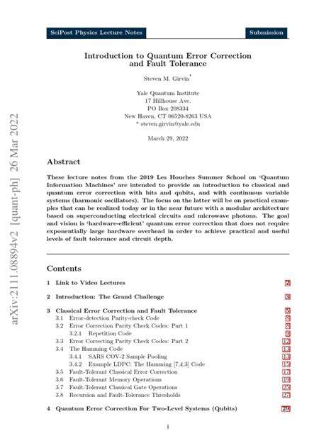 Introduction To Quantum Error Correction And Fault Tolerance Pdf