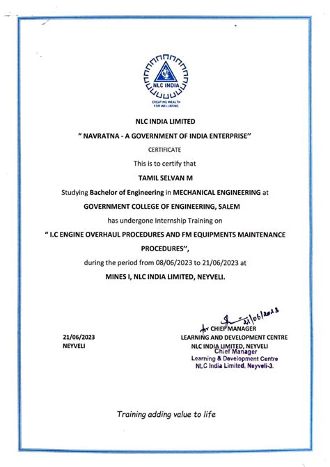 Tamil Selvan M On Linkedin Nlcindialimited Internship Icengine