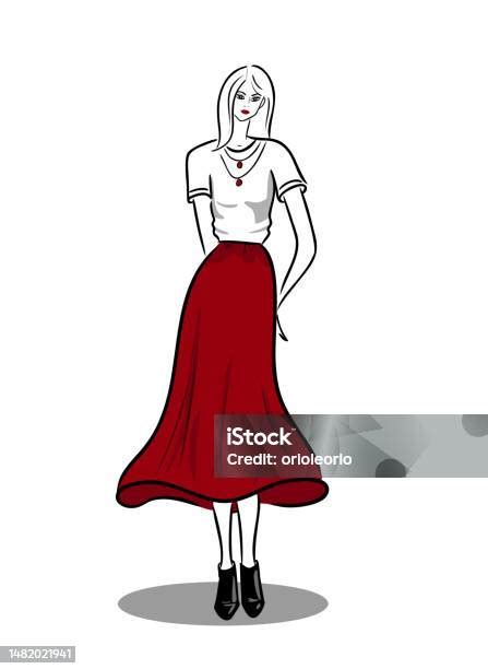 Ilustración De Mujer Elegante Posa Con Una Falda Roja Ondeante Y Una