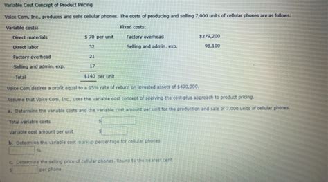 Solved Variable Cost Concept Of Product Pricing Voice Com Chegg Com