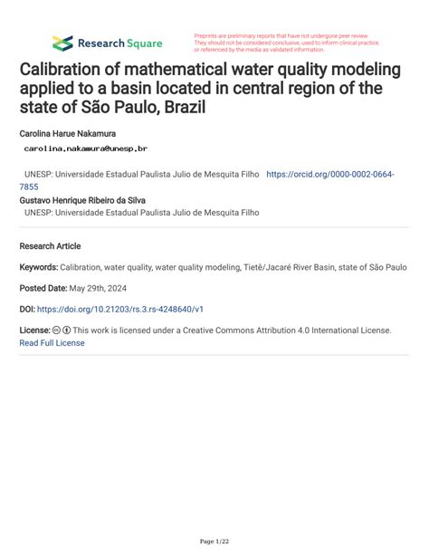 Pdf Calibration Of Mathematical Water Quality Modeling Applied To A Basin Located In Central