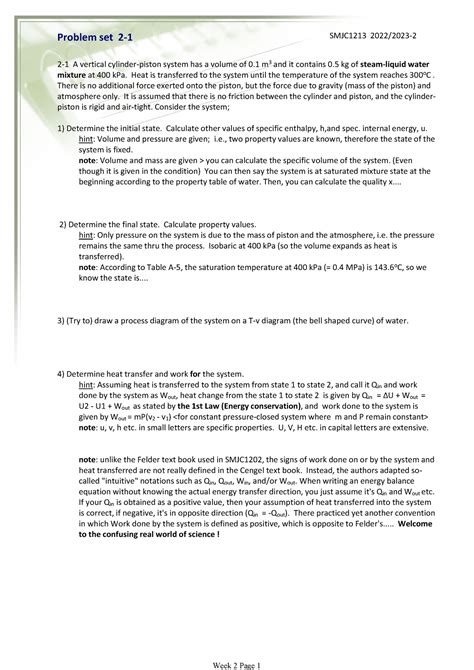 Problem Set 2 2 1 A Vertical Cylinder Piston System Has A Volume Of