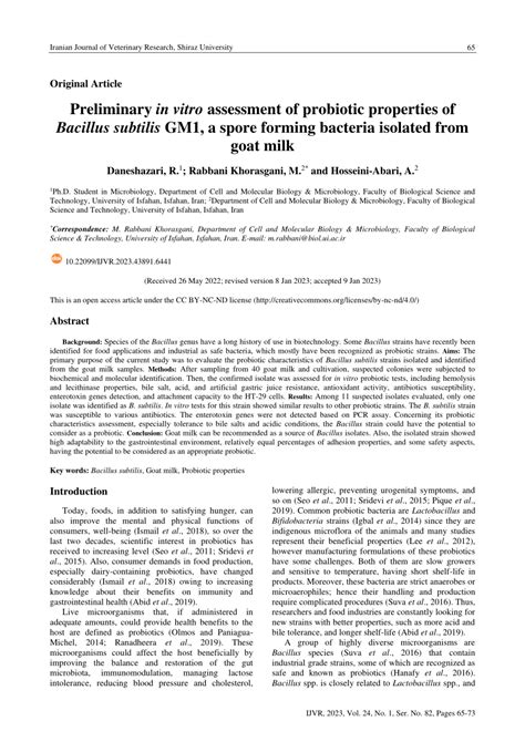 Pdf Preliminary In Vitro Assessment Of Probiotic Properties Of Bacillus Subtilis Gm1 A Spore
