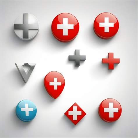 Una Colección De Botones Rojos Y Azules Con Un Signo Más En Ellos