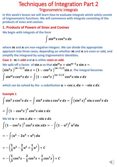 Solution Math161 Techniques Of Integration Part 2 Trigonometric