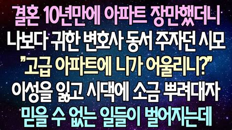 반전 사연 결혼 10년만에 아파트 장만했더니 나보다 귀한 변호사 동서 주자던 시모 이성을 잃고 시댁에 소금 뿌려대자 믿을 수 없는 일들이 벌어지는데 사이다사연라디오