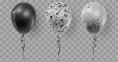 3 개의 사실적인 풍선 세트 검은 색 색종이 조각 종이 원 및 리본으로 투명합니다 카드 파티 디자인 전단지 포스터 장식 배너 웹 광고에 대 한 벡터 일러스트 레이 션 3차원