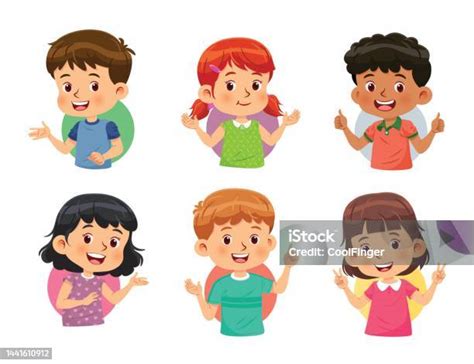 ชุดเด็กที่แตกต่างกันด้วยท่าทางต่างๆ การ์ตูนเวกเตอร์ของเด็กชายและเด็กหญิงบนพื้นหลังสีขา ภาพประกอบ
