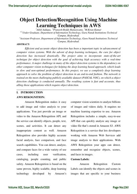Pdf Object Detectionrecognition Using Machine Learning Techniques In Aws