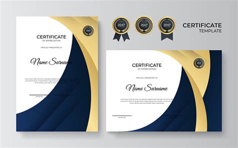 현대 블루 와 골드 인증서 템플릿 수상 비즈니스 및 교육을 위한 배지가 설정된 디플로마 인증서 테두리 템플릿 증명서에 대한 스톡