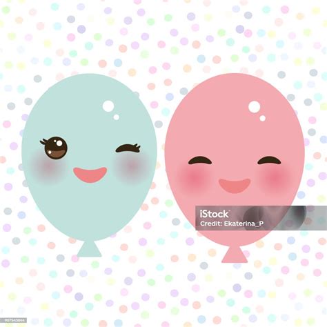 귀여운 재미 있는 풍선 핑크 블루 핑크 뺨과 눈에 흰 물방울 배경 벡터 귀여운에 대한 스톡 벡터 아트 및 기타 이미지 귀여운 기념일 눈 신체 부분 Istock