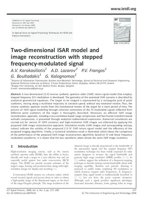 Pdf Two Dimensional Isar Model And Image Reconstruction With Stepped Frequency Modulated Signal