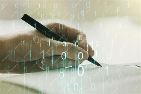 Premium Photo Creative Abstract Binary Code Hologram And Man Hand