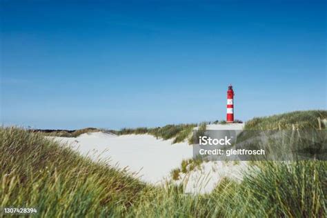 파란색 맑은 하늘에 대한 등대의 빨간색과 흰색 줄무늬 높은 건물 전경에 녹색 잔디가있는 모래 접지 0명에 대한 스톡 사진 및 기타 이미지 Istock