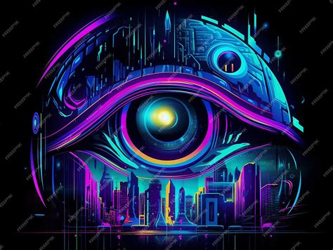 눈 스캐너 사이버 보안 개념 네온 스타일 일러스트레이션 미래적이고 기술적인 느낌 generative ai 프리미엄 사진
