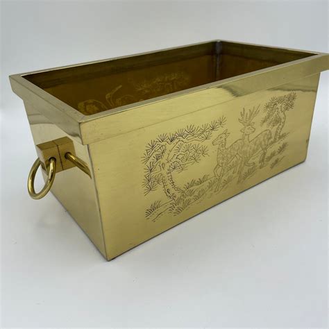 Vintage Heavy Solid Brass Rectangular Planter Engraved Scenes Of Deers And Cranes Ring Handles