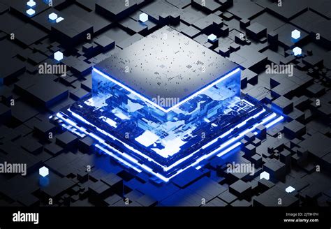 Glowing Microchip Processor With Black Circuit Board 3d Rendering