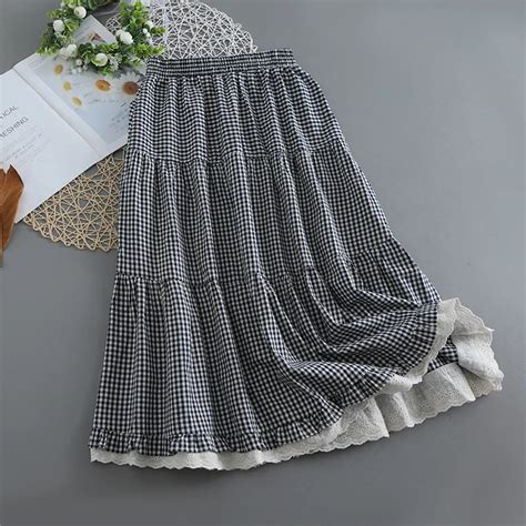 Black Gingham Maxi Skirt With Lace Trim On Luulla
